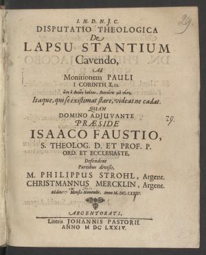 Disputatio Theologica De Lapsu Stantium Cavendo